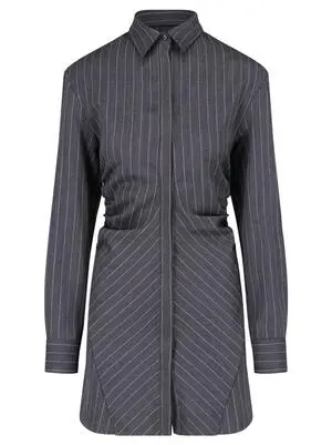 DONDUP Pinstripe Stretch Wool Blend Shirt Dress - Grey