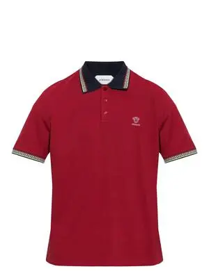 Versace Style Embroidered Medusa Logo Greek Motif Shirt-collar Polo With Three-button Placket - Rosso