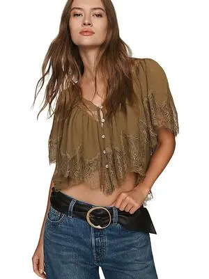 LYREBIRD Chiffon Lace Trim Cropped Top - Olive