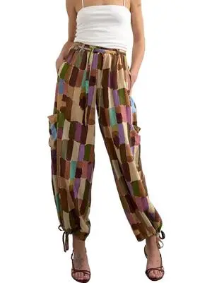 Topshop Abstract Print Linen Blend Cargo Pants - Brown