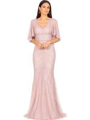 LARA NEW YORK Beaded Faux-wrap V-neck Bridal Gown - Blush