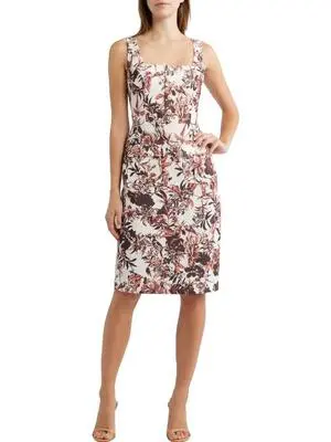 Eliza J Floral Print Square Neck Sheath Dress - Coffee Eggshell
