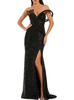 Mac Duggal Petite Sequin Gown With Sculptural Off-shoulder Detail - Black