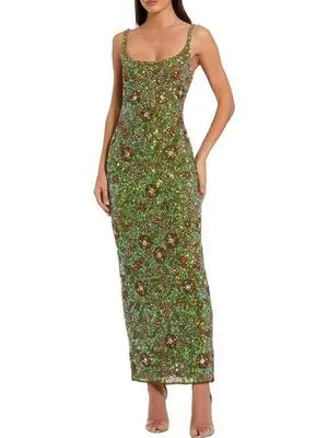 Mac Duggal Petite Sleeveless Hand-embellished Floral Midi Dress - Olive