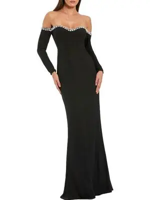 Mac Duggal Long Sleeve Off The Shoulder Mermaid Gown With Embellished Trim - Black