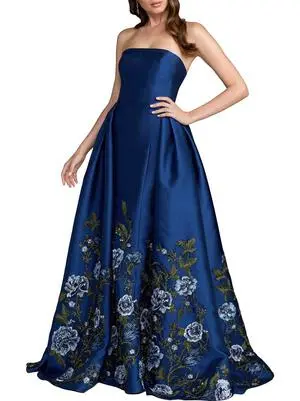 Mac Duggal Strapless Embroidered Mikado Ball Gown - Midnight Multi