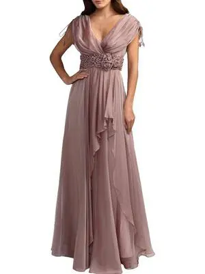 Mac Duggal Beaded Chiffon Gown With Drape Sleeves - Mocha
