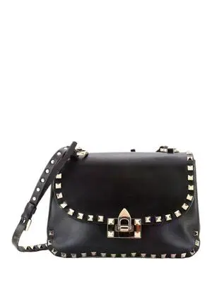Valentino Garavani Rockstud Flip Lock Flap Bag Leather Small Shoulder Bag - Black