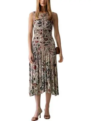 Farm Rio Abstract Print Sleeveless Ruched Midi Dress - Neutrals