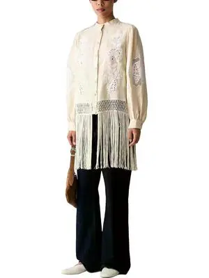 Farm Rio Fringed Broderie Anglaise Shirt - Neutrals