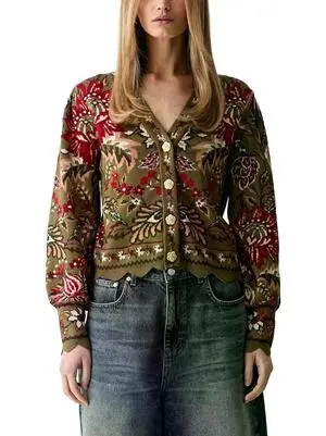 Farm Rio Floral Pattern Scallop-hem Cardigan - Green