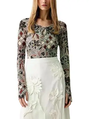 Farm Rio Floral & Geometric Print Keyhole Neck T-shirt - Neutrals