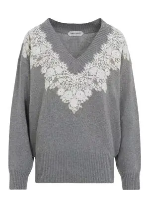 Alberta Ferretti Lace-trim V-neck Sweater - Grey