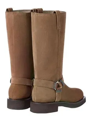 Brunello Cucinelli Suede Biker Boots With Shiny Loops - Brown
