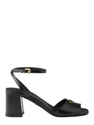 Prada Leather Heeled Sandals With Ankle Strap And Triangle Logo - Black