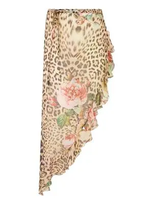 Roberto Cavalli Leopard And Floral Print Ruffled Midi Skirt - Neutrals