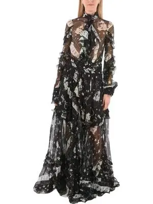 Philipp Plein Silk Maxi Dress With High Neck And Bow - Black