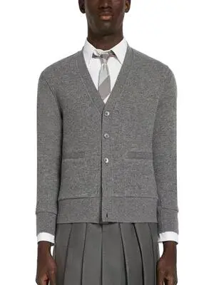 THOM BROWNE Thom Browne Grey Cashmere Waffle Knit V-Neck Cardigan