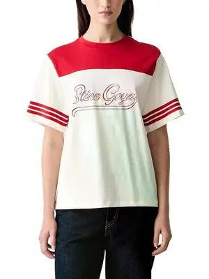 Stine Goya Logo Print Striped Sleeve T-shirt - Neutrals