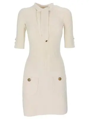 Elisabetta Franchi Ribbed Knit Mini Dress With Bow Detail - Neutrals