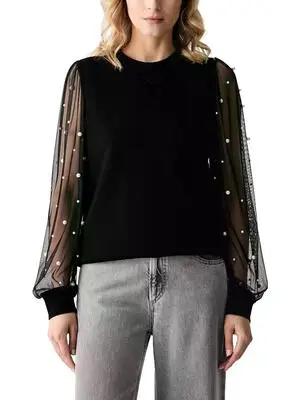 Karl Lagerfeld Faux-pearl Sheer-sleeve Top - Black