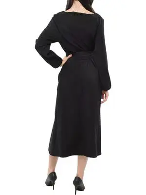 OBLÒ UNIQUE Long Sleeve Tie-waist Midi Dress - Black