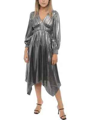 ALLSAINTS Estelle Asymmetric Metallic Midi Dress - Silver