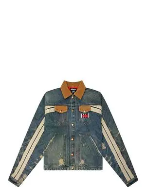 RIVINGTON ROI REBIS Distressed Corduroy-trimmed Denim Jacket - Blue