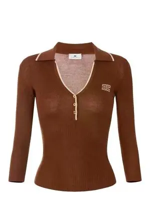 Elisabetta Franchi Ribbed-knit Polo Shirt With Sailor Collar - Brown