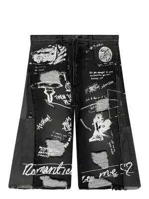 Astrum Graphic Print Denim Shorts - Black