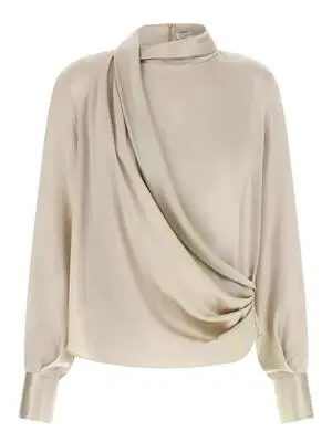 Brunello Cucinelli Asymmetrical Draped High Neck Long Sleeve Blouse - Neutrals