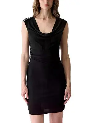 Guess Ribbed Draped Neck Mini Dress - Black