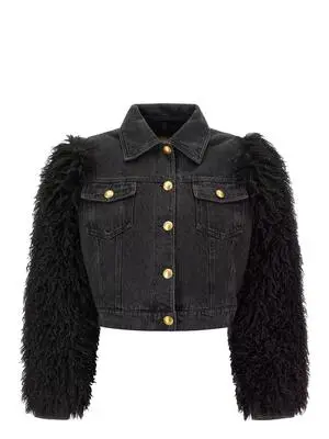 TWINSET Textured Sleeve Cropped Denim Jacket - Black
