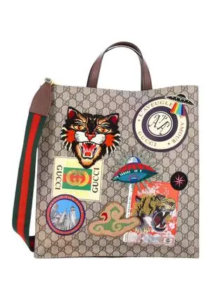 Gucci Gg Coated Canvas North South Tote Bag With Applique - Brown