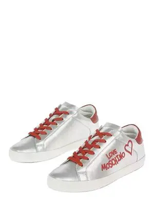 Moschino Love Logo-embroidered Laminated Leather Sneakers - Silver