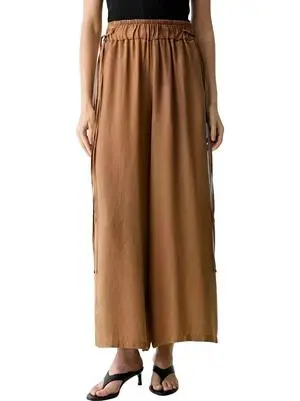VICOLO Wide Leg Palazzo Pants With Drawstring Waist - Brown