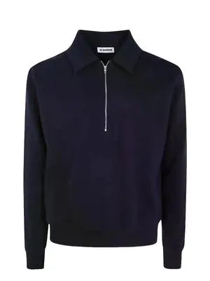 JIL SANDER Monogram Embroidered Polo Collar Sweatshirt - Blue