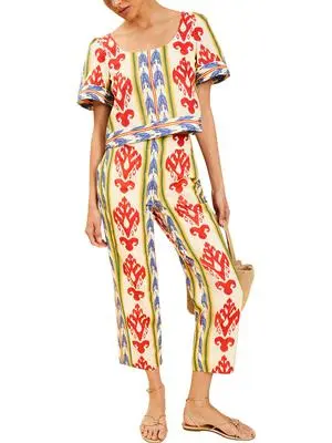 Mestiza New York Maldives Ikat Print Puff Sleeve Crop Top In Cotton-linen Blend - Multicolor