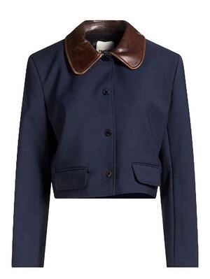 Sandro Crepe Jacket With Leather Trims - Navy