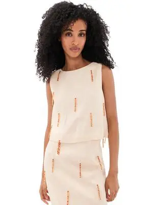 VRG GRL Siena Linen Sleeveless Top With Beaded Fringe - Cream