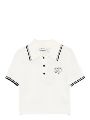 SELF-PORTRAIT Cropped Knit Polo Top With Branded Patch - Cream