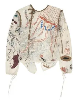 Bimba Y Lola Mesh Top With Jellyfish Print And Bow Detail - Ecru