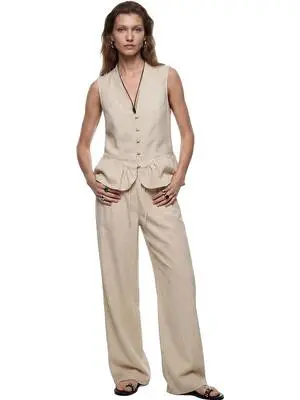 Koton Drawstring Waist Wide Leg Trousers - Beige