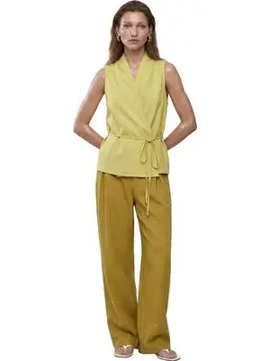 Koton Linen Blend Halter Neck Wrap Blouse With Tie Detail - Green