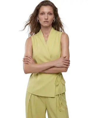 Koton Linen Blend Halter Neck Wrap Blouse With Tie Detail - Green
