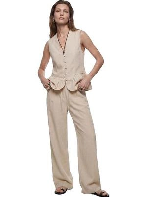 Koton V-neck Sleeveless Peplum Linen Blend Vest - Beige