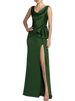 Mac Duggal Sleeveless Cowl Neck Gown With Statement Bow Detail And High Slit - Emerald