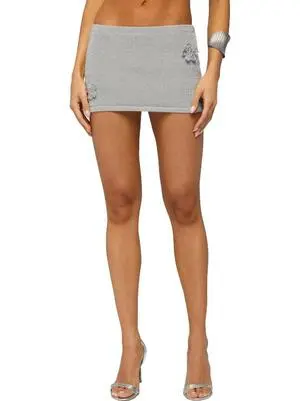 EDIKTED Metallic Knit Mini Skort With Embellished Blooms - Silver