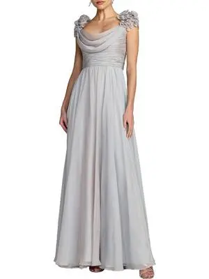 Mac Duggal Chiffon Embellished Cowl Neck Gown - Platinum