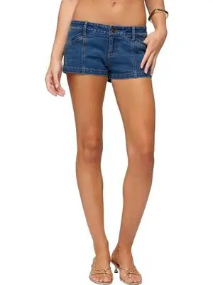 EDIKTED Low Rise Denim Shorts With Contrast Stitching - Medium-blue